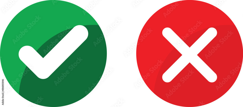Right and wrong buttons. Tick cross, red and green glossy round and ...