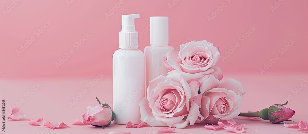 Image showcasing unlabeled liquid bottles near a stack of tiny pink ...