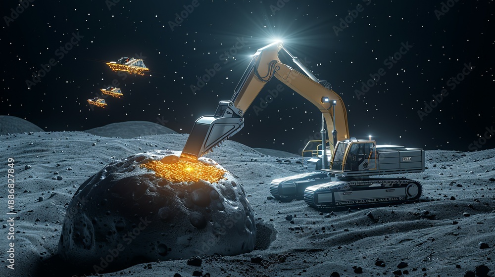 Space mining operation on a metallic asteroid, with robotic drills and ...