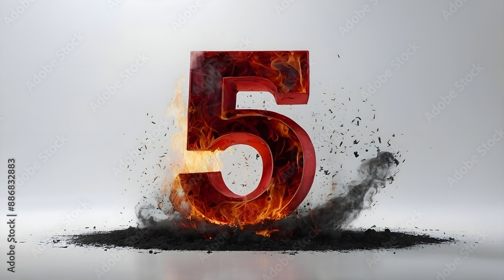 The number 5 in 3D, in red color, it's on fire, there are yellow fire ...