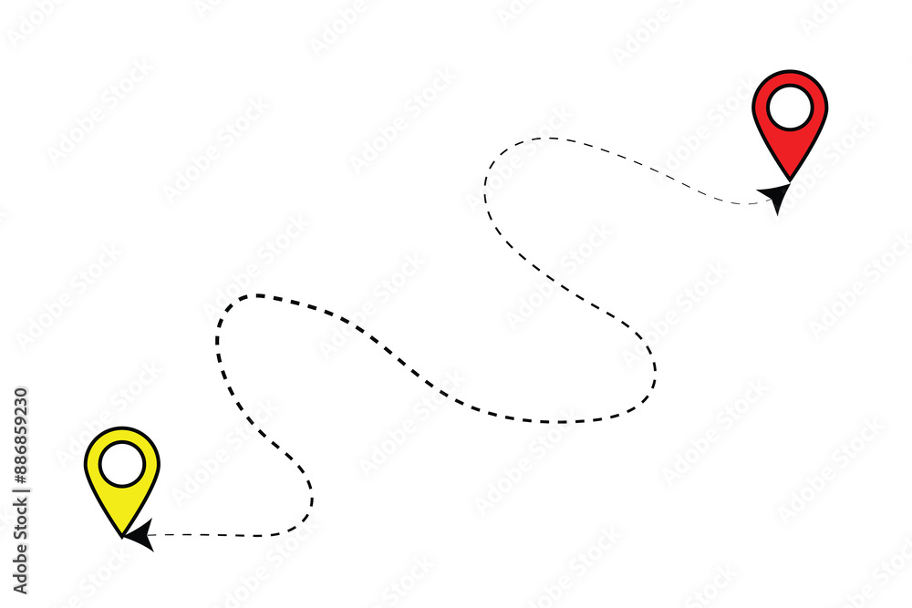 Route icon between two points with dotted path and location pin. Location pointer continuous one ...