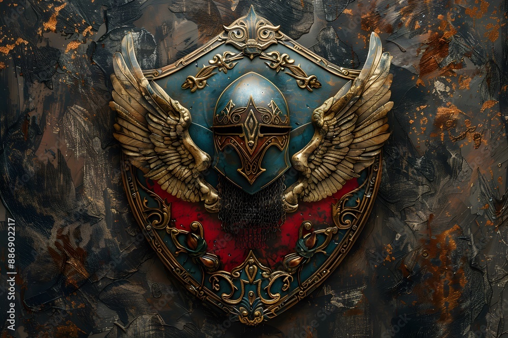 Ornate Medieval Shield with Winged Helmet Design Stock Photo | Adobe Stock