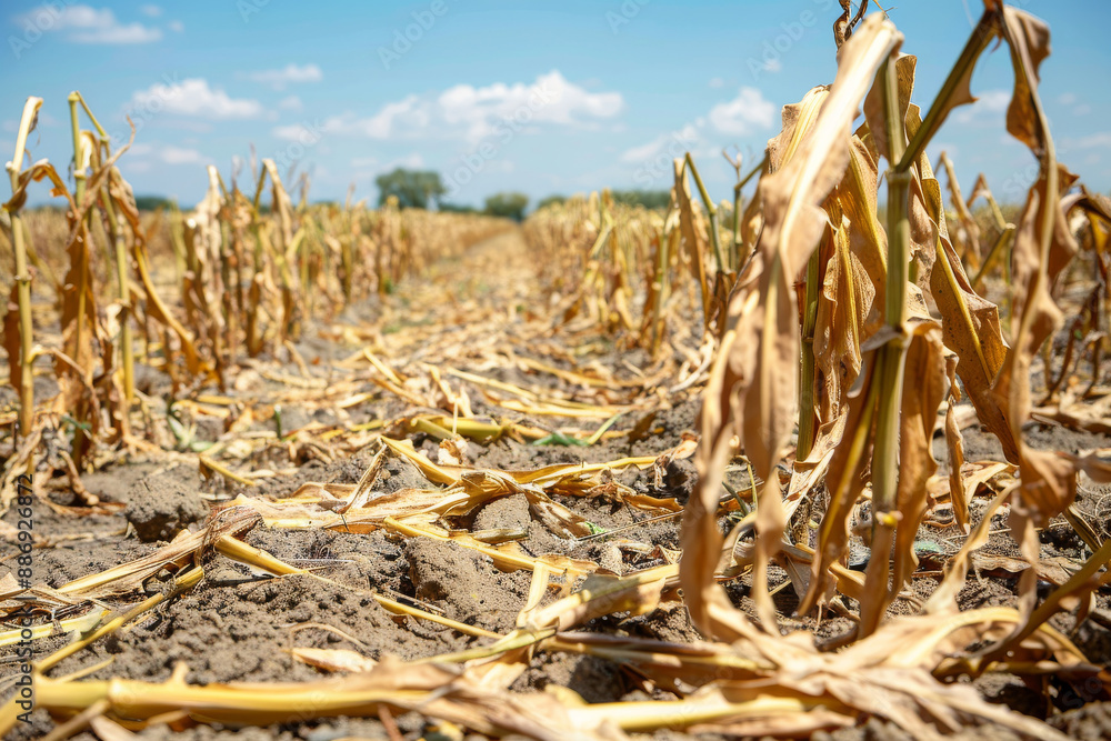 Foto de Stock Parched crops in a drought-stricken field under the sun ...