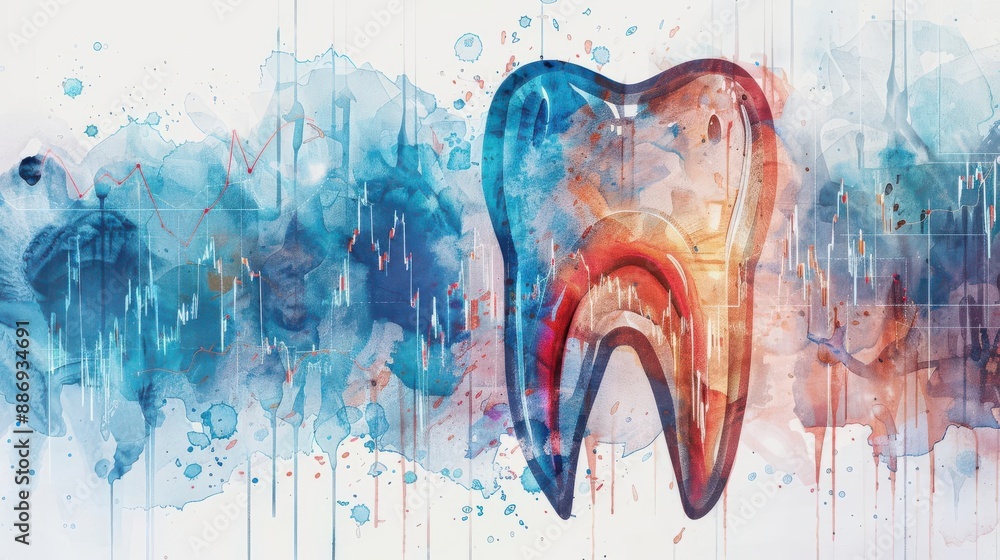Abstract watercolor painting of a tooth, featuring vibrant blue and ...