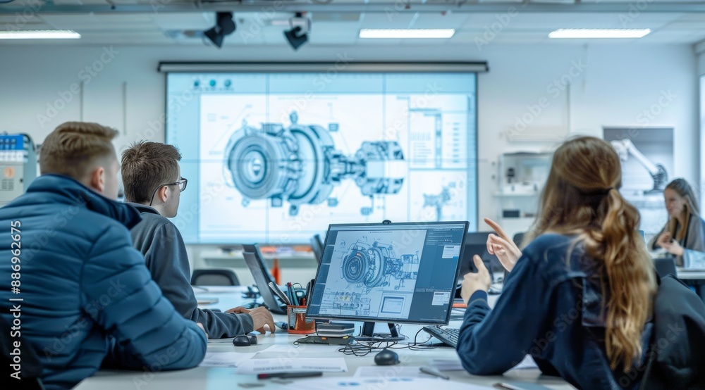 Group of engineers collaborating in modern office with computer screens ...