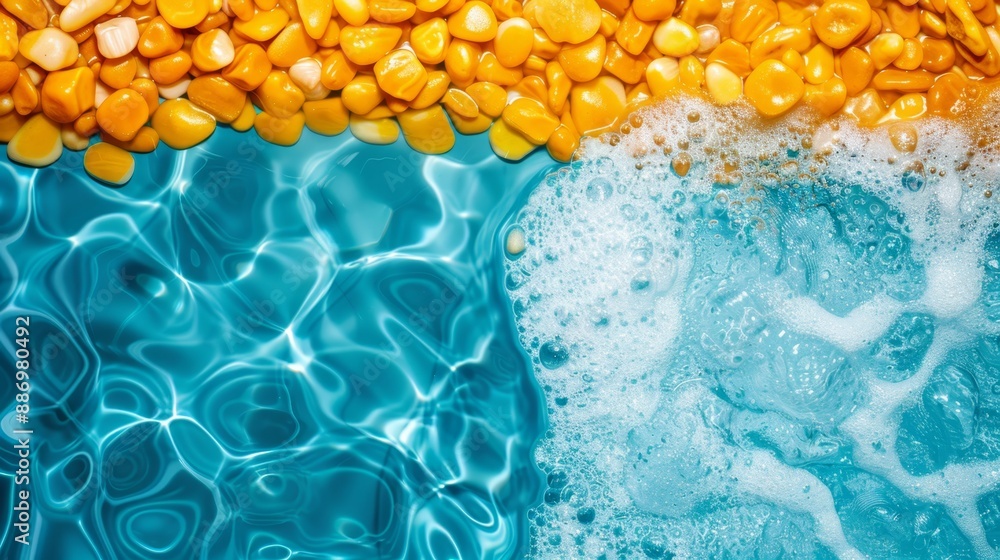 A collection of yellow and blue rocks borders a body of water, dividing ...