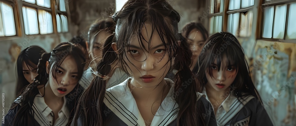 Gangster girls wearing bad school uniforms looking menacingly with ...