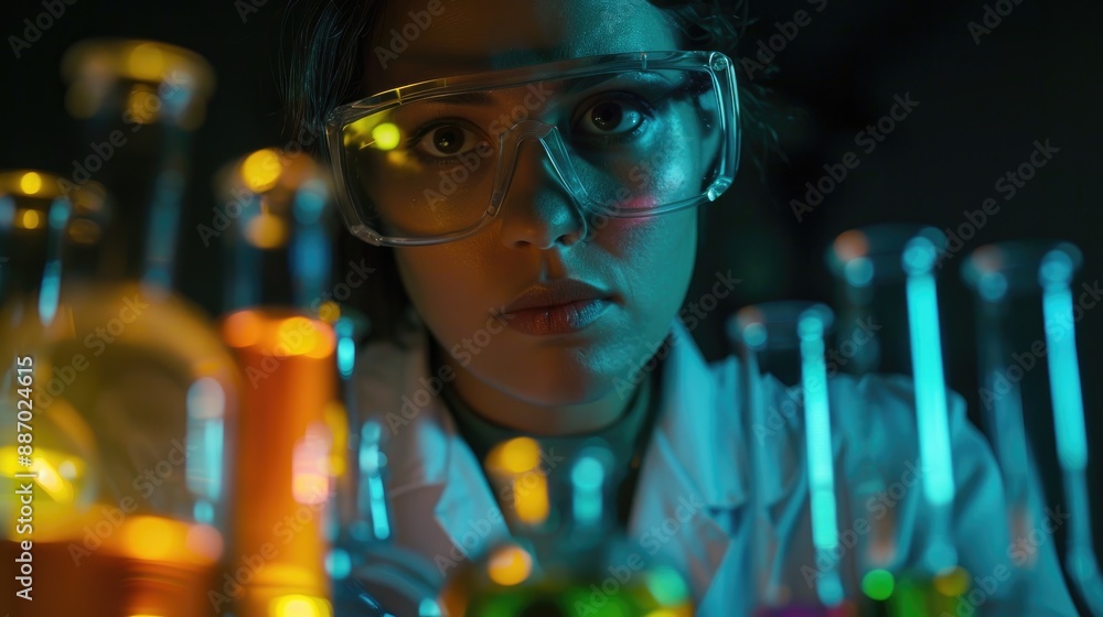 Woman scientist with organic chemistry vials in lab radioactive ...