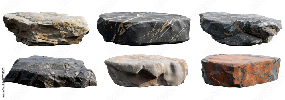 Collection set of long flat big hard rock boulder stone podium stage ...