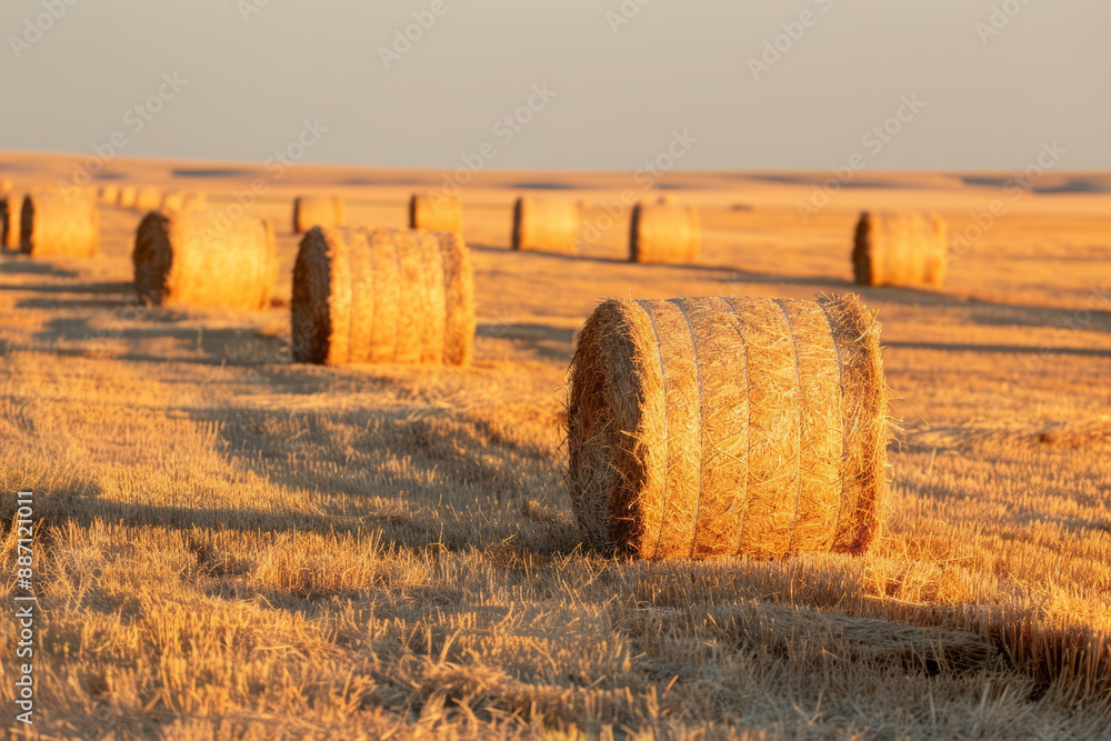 The golden light of the setting sun shines on hay bales in an endless ...