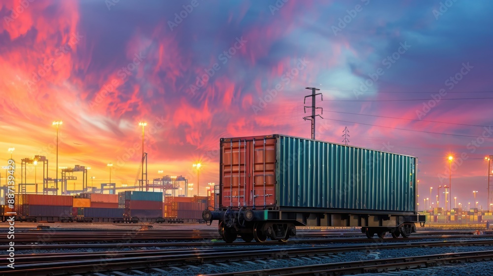Intermodal container being transferred to trains a yard, with copy ...