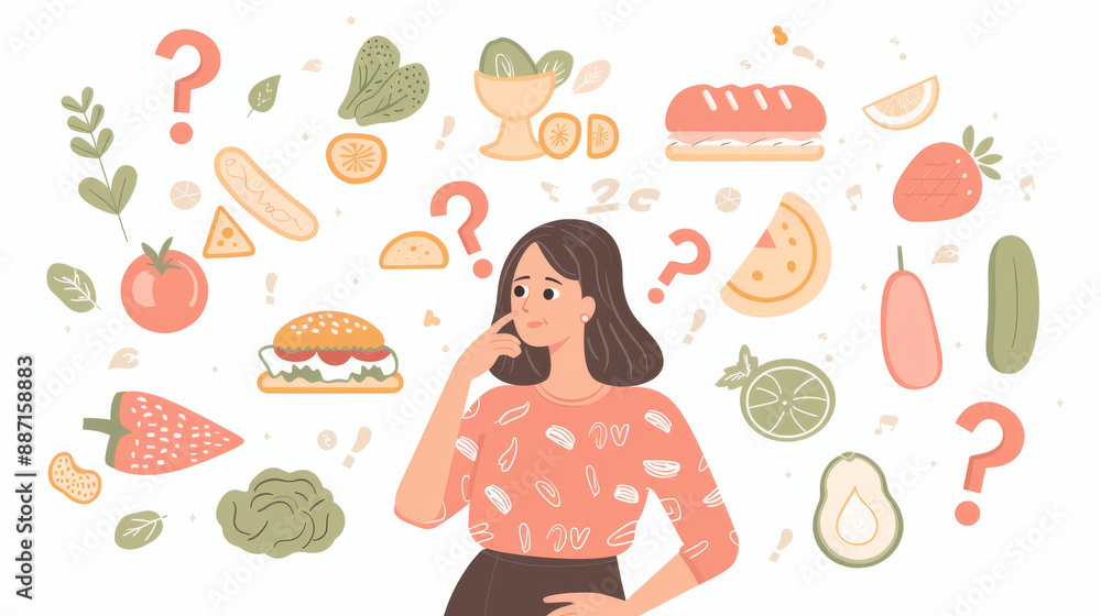 woman descent is pondering various food options. Around her head are ...