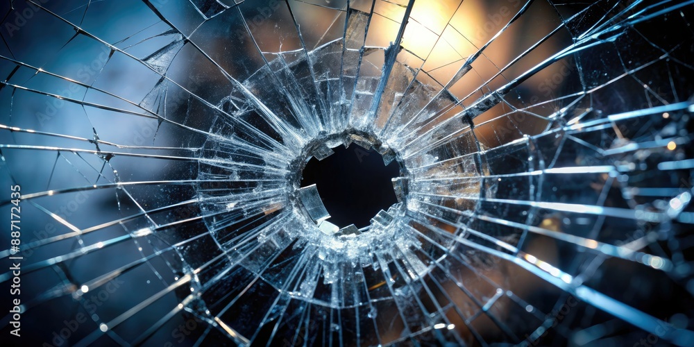 Shattered black glass with sharp edges and a circular hole, revealing a ...