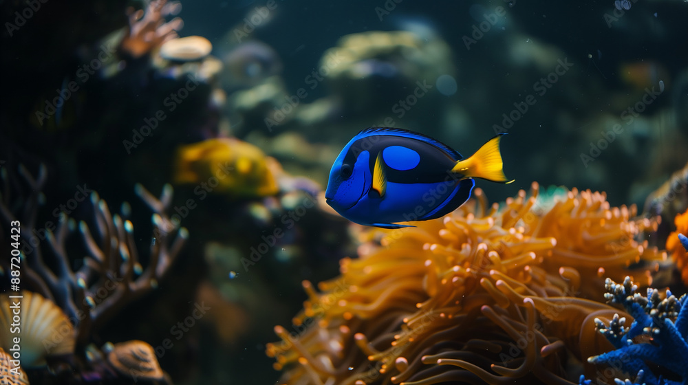 Royal blue tang with tropical fish surrounded by coral reef and anemone ...