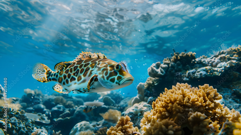 Rhinoceros fish in the ocean Below is a beautiful coral reef. The water ...