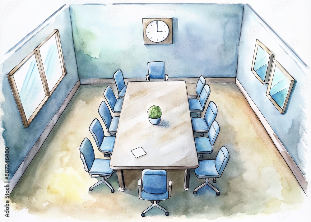 Modern conference room with empty chairs, a large whiteboard displaying ...