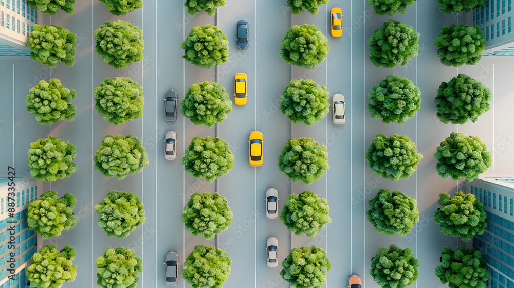 The innovative top view of transportation city model with trees and ...