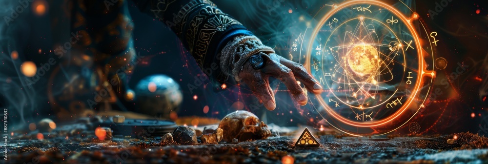 An astrologer performs a ritual, using runes and planetary alignment ...