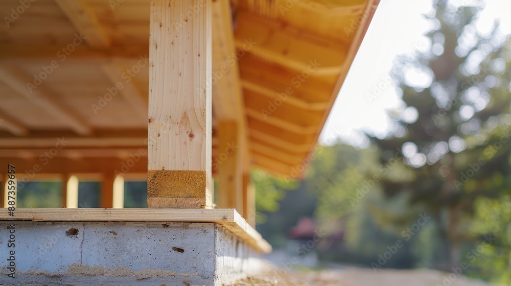 Wooden house construction on cement foundation Ground floor start ...