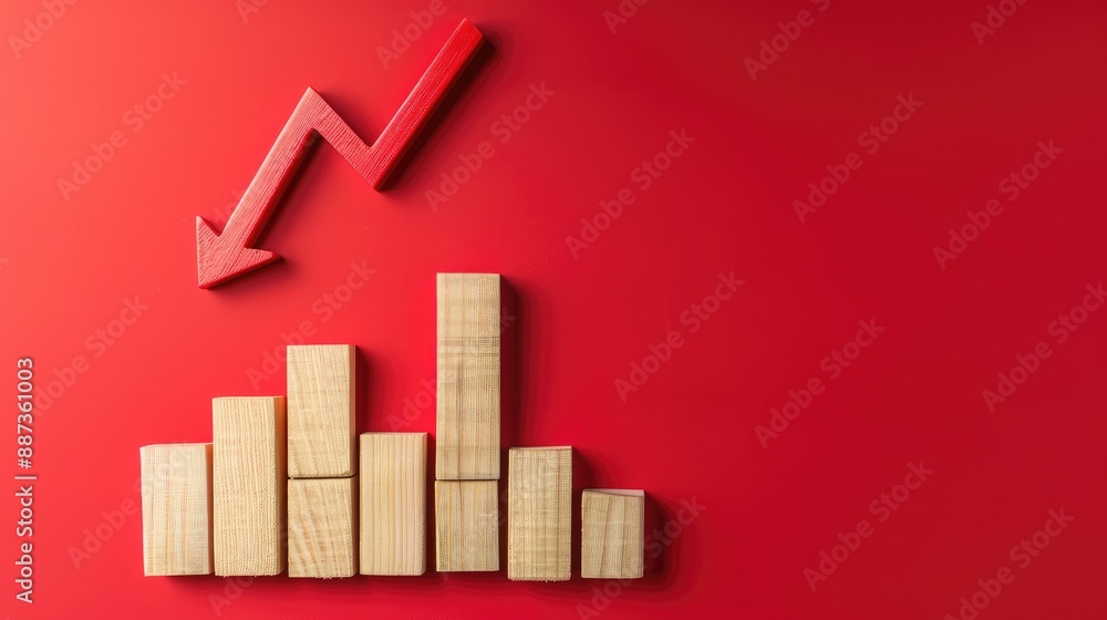 Red background with wooden blocks showing a declining graph and ...