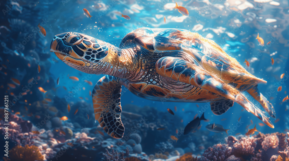 Colorful Sea Turtle Swimming with Fish and Coral Reefs in the Ocean ...