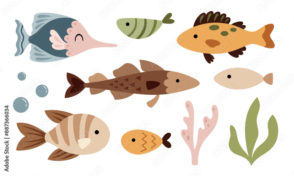 Vector de Stock Boho fish clipart. Nautical clipart in cartoon flat ...