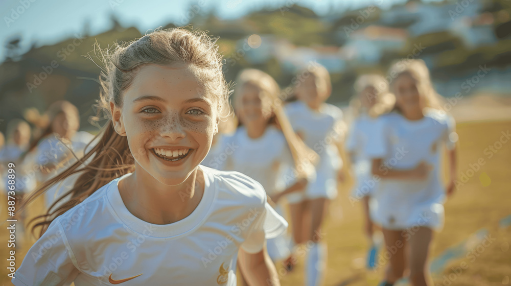 Teenage Girls Soccer Team Playing Soccer on Field in Green Kits Running ...