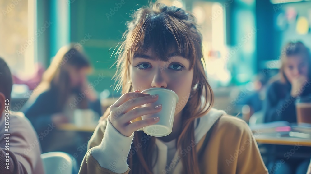 Student with cup drinking tea in classroom Coffee break in university ...