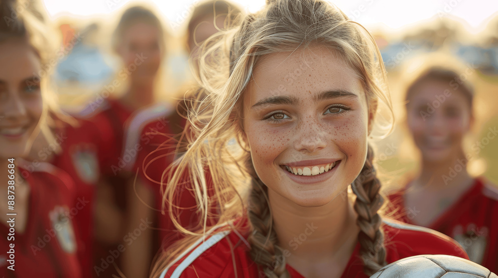 Teenage girls soccer team outdoors wearing red uniforms holding ball ...
