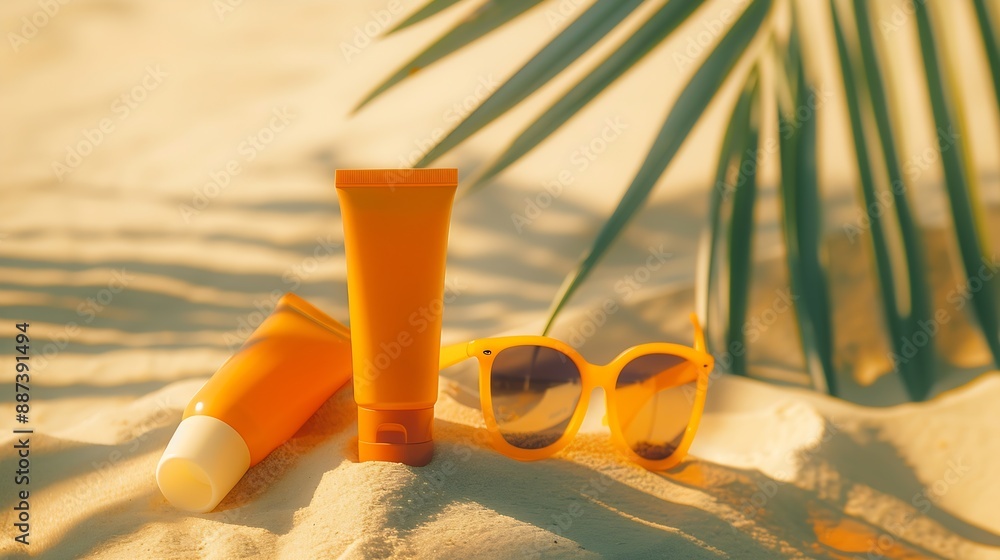 Sunblock lotion tubes and sunglasses on sandy beach background Summer ...