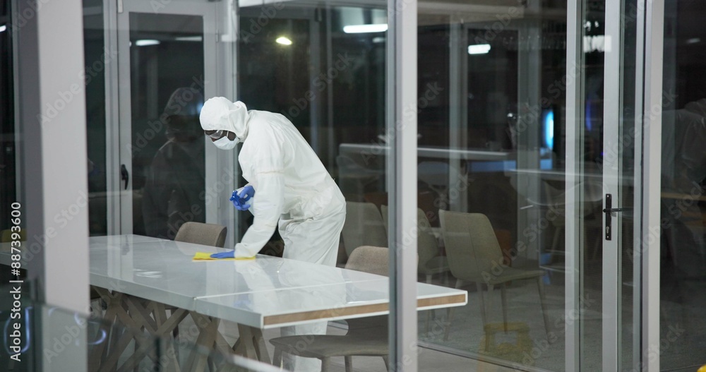 Ppe, cleaning person and table in office, disinfection and professional ...