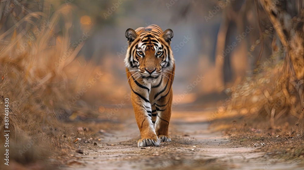 A female tigress walking head on towards the photographer inside Pench ...