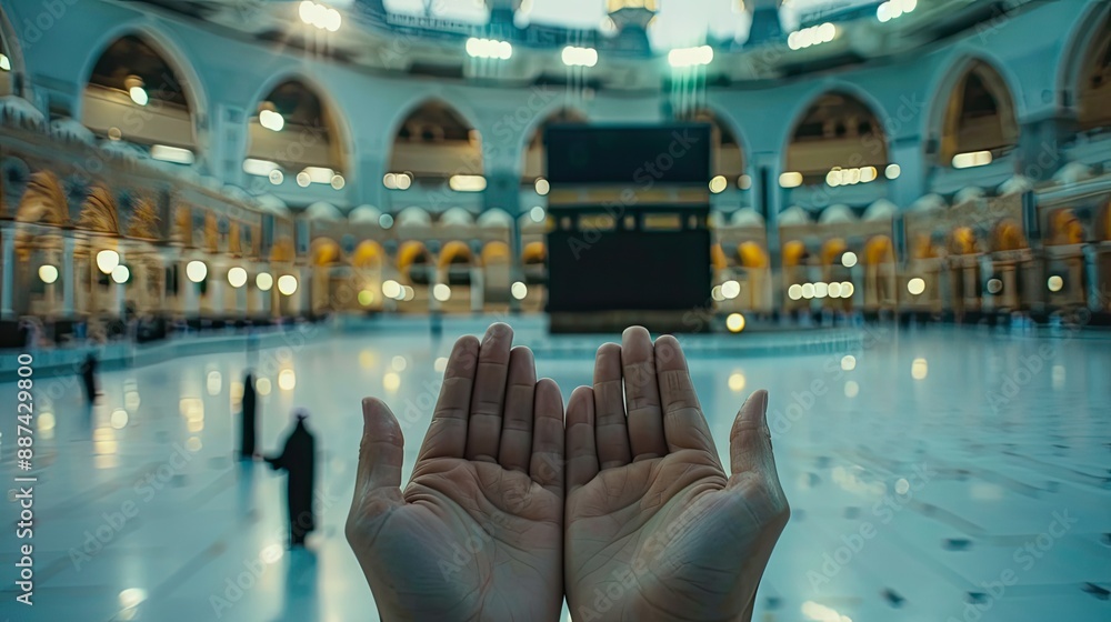 ภาพประกอบ Stock Muslim praying to Allah in front of Kaaba. Islam Iconic ...