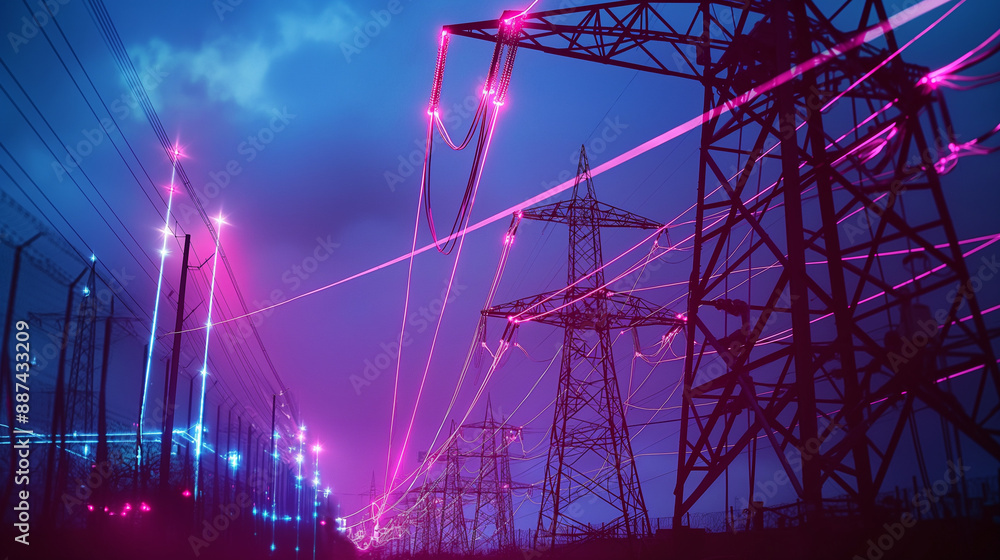 High voltage power lines at dawn with glowing multicolored neon lights ...