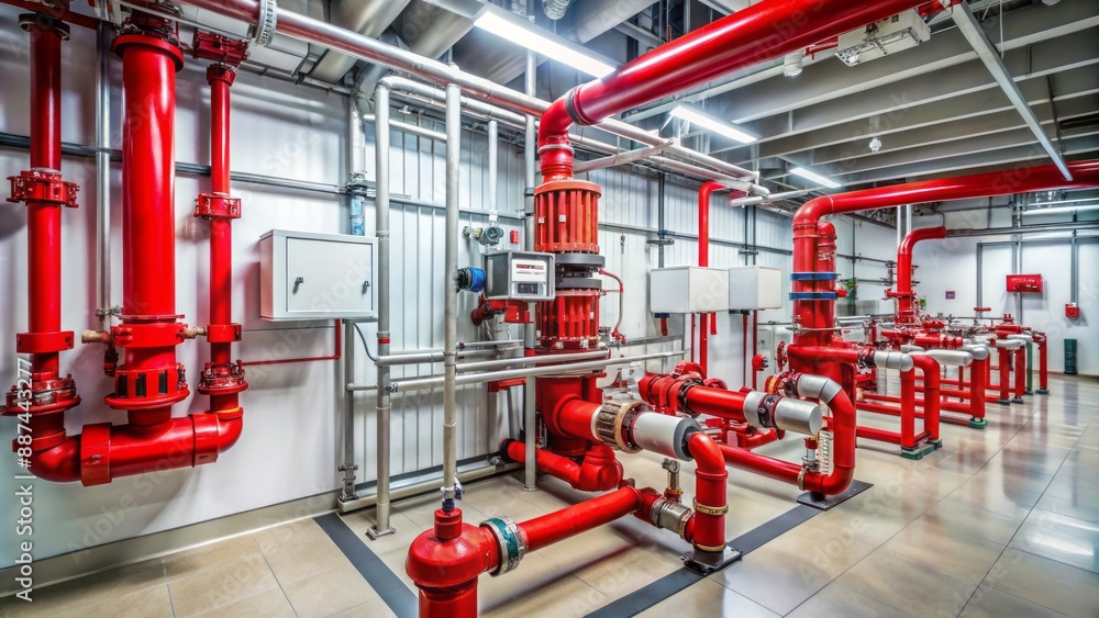 Modern industrial control room featuring red piping and valves for fire ...