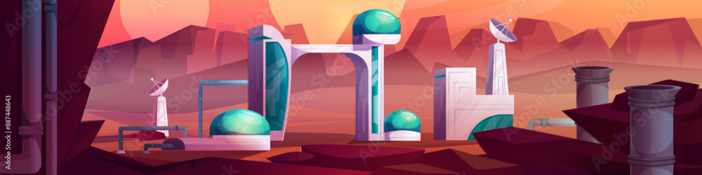 Futuristic space station on alien planet. Vector cartoon illustration ...