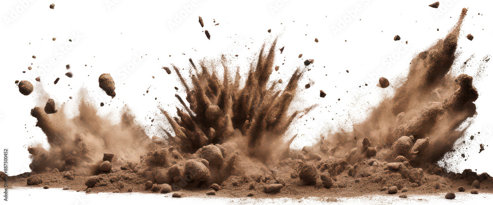Explosive soil dirt eruption with debris flying in mid air isolate on ...