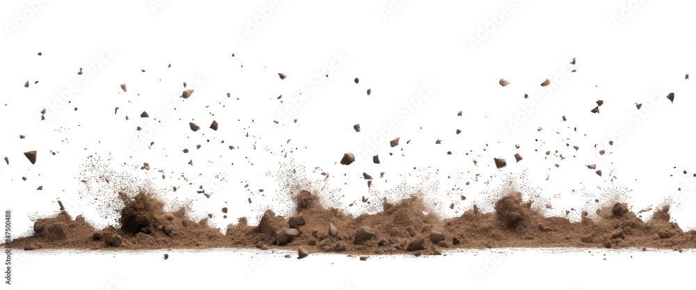 Explosive soil dirt eruption with debris flying on a transparent ...
