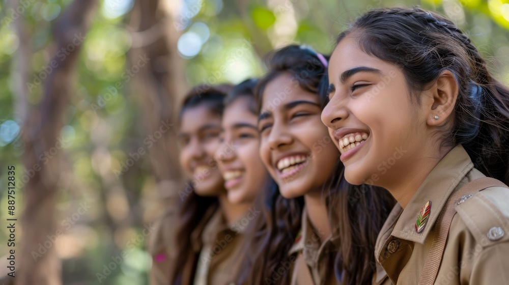 Happy girl scouts standing outdoors in uniform, smiling and enjoying ...