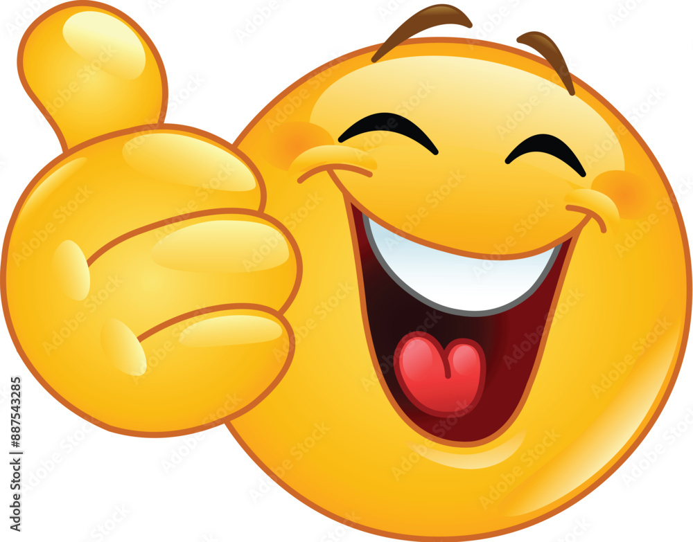 Laughing emoji emoticon showing thumb up gesture, like hand sign Stock ...