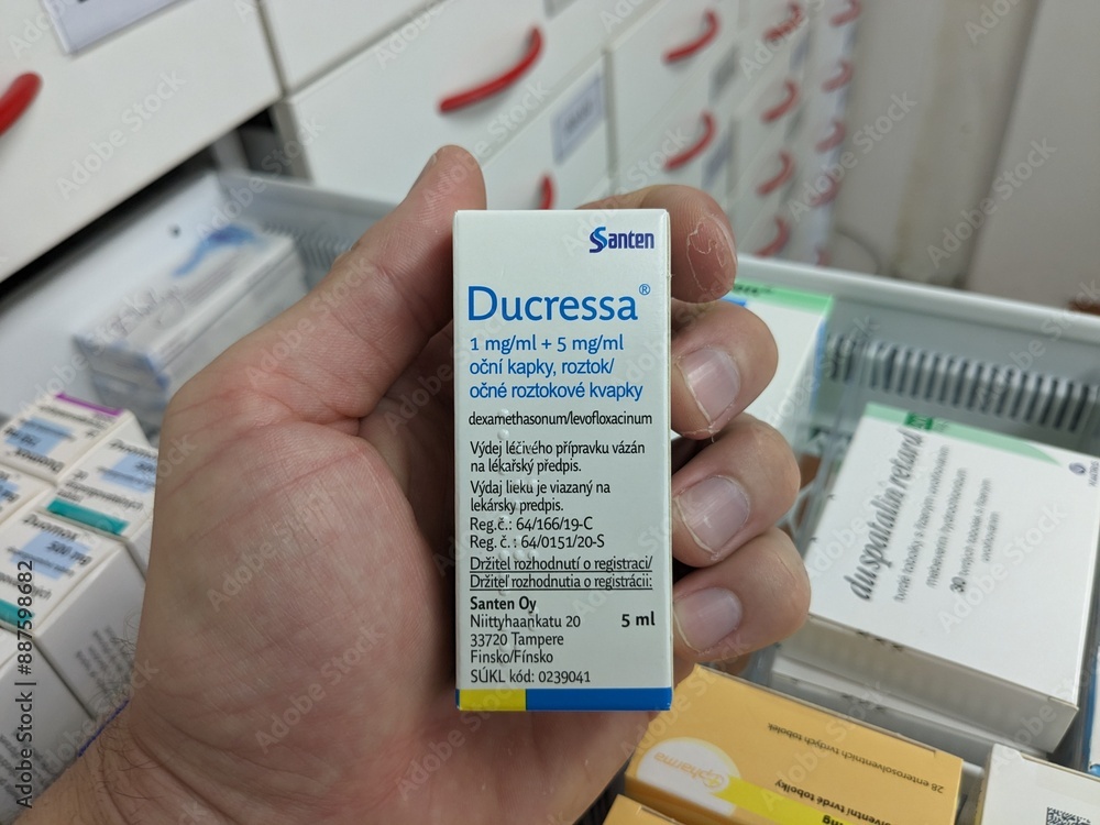 Prague, Czech Republic - July 10 2024: DUCRESSA box of eye drops with ...