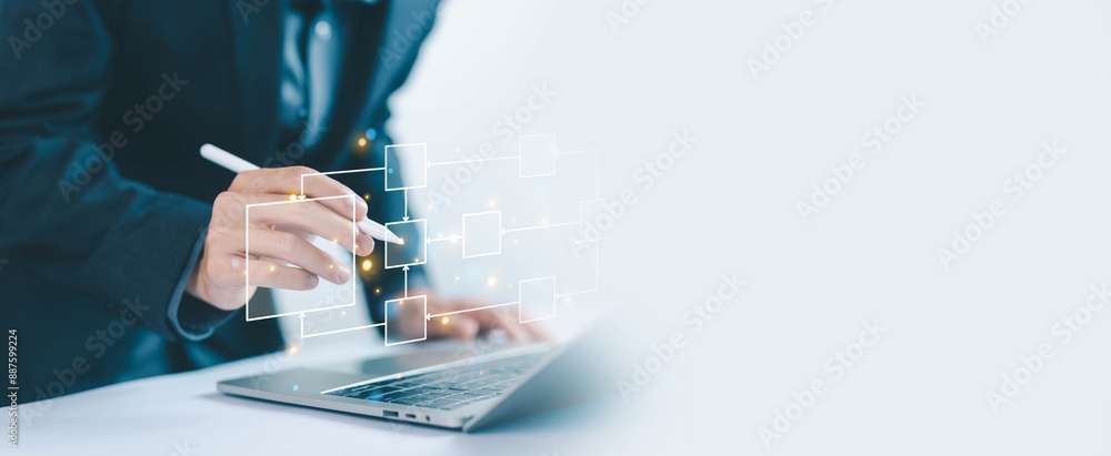 Foto de Stock design workflow automation with flowcharts in computer laptop. diagram algorithm ...