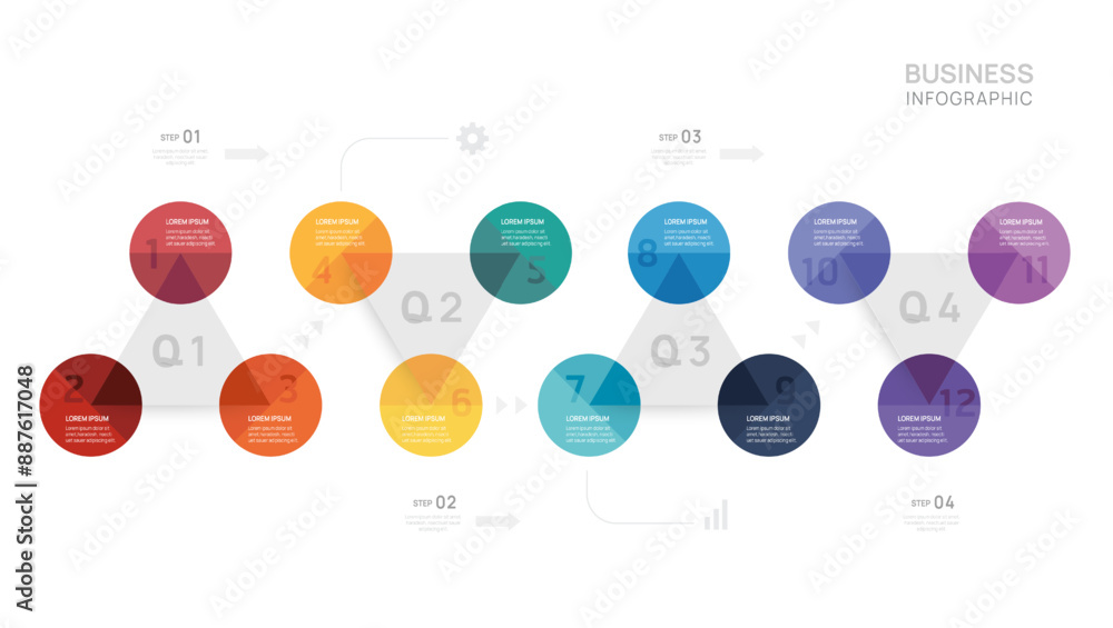 Infographic triangle and circle diagram 12 steps template for business, presentation vector ...