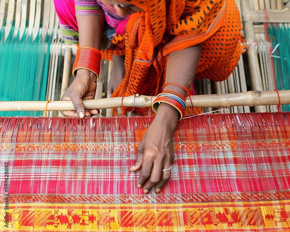Indian woman working cloth on handloom in village settingries ...