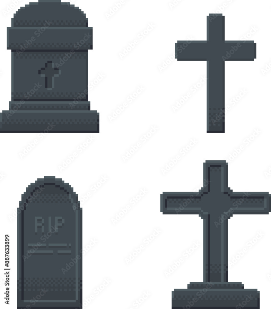 Grave, cemetery tombstone and crest pixel art set. Graveyard ...