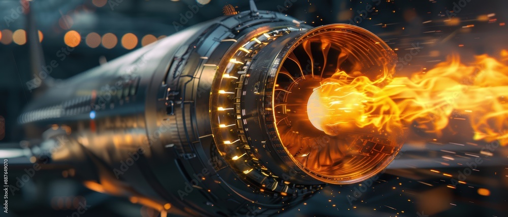 A jet engine with a flame streak, representing the immense power and ...