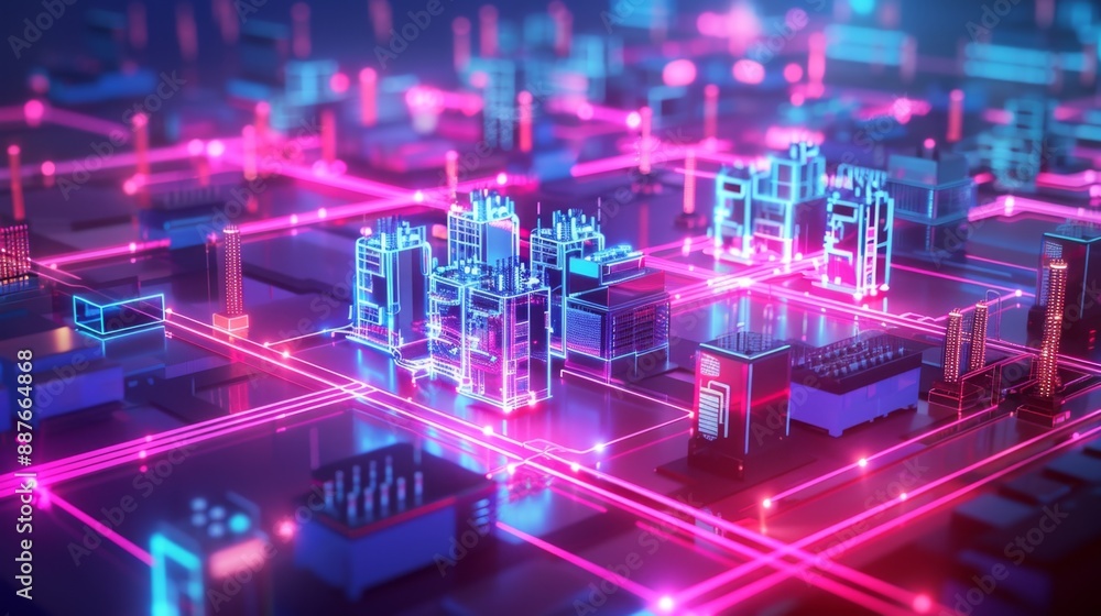 Futuristic Smart Grid Balancing Load with Neon Lights - 3D Rendered ...