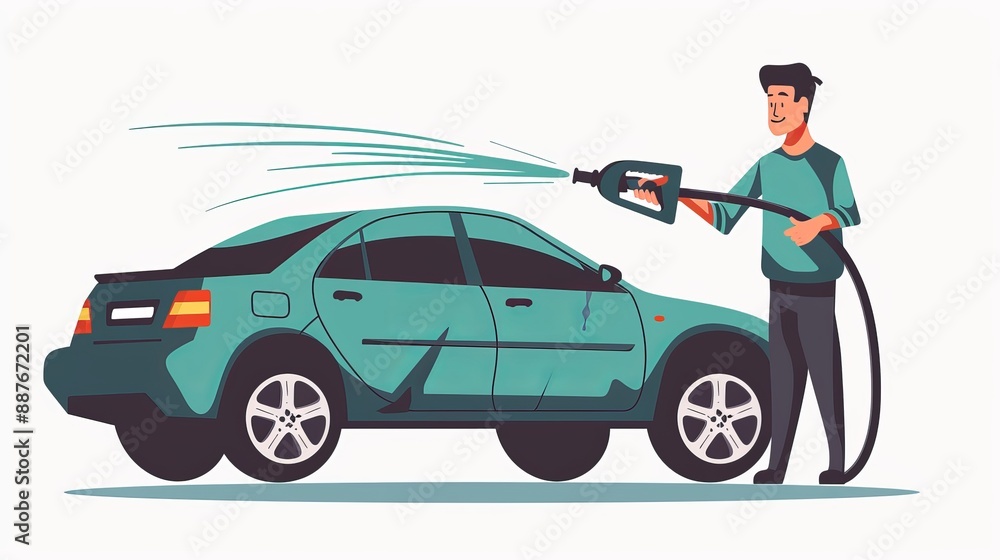 An illustration in vector form of a cartoon man washing a car. white ...