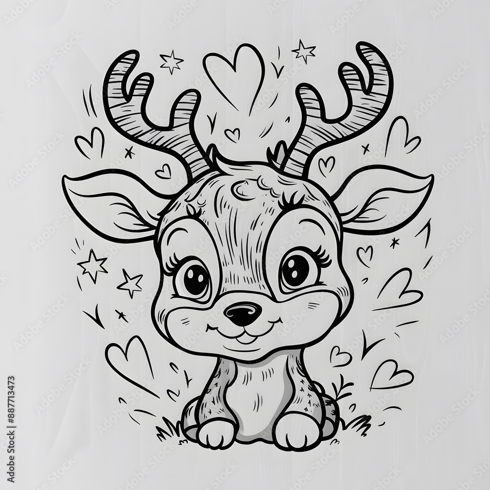 Deer line art for children coloring book illustration. Cute cartoon ...