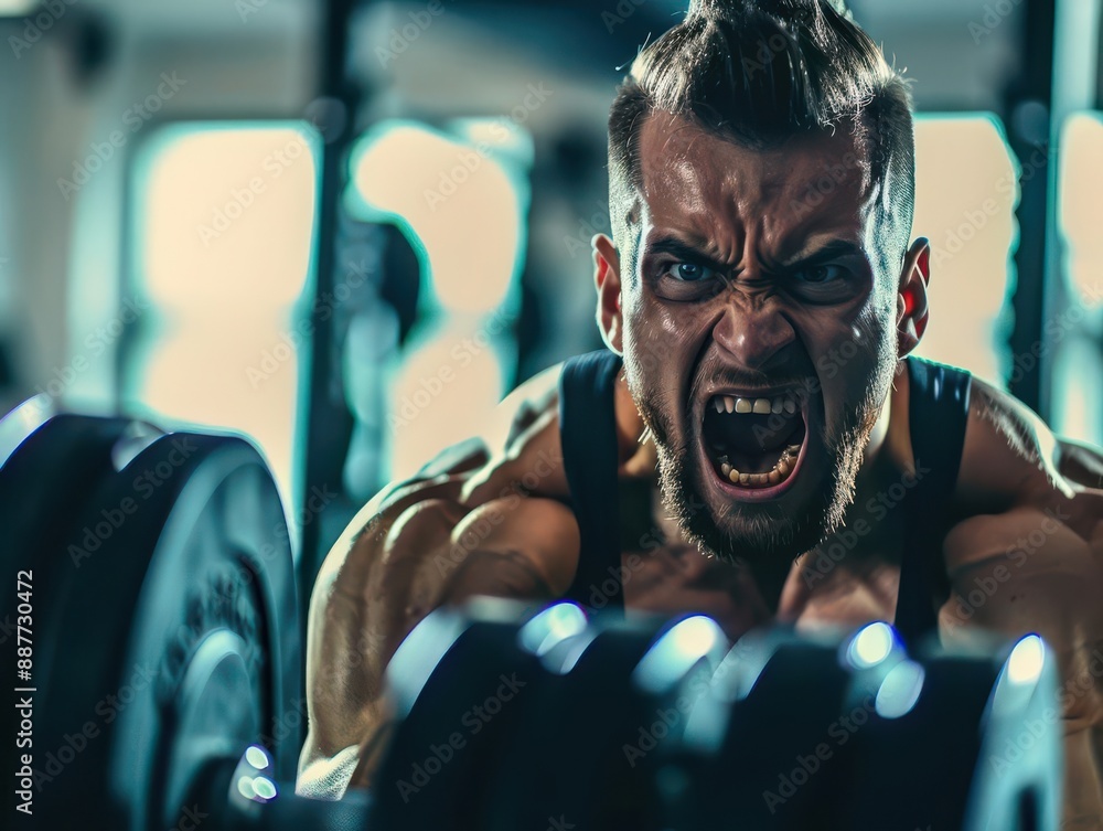 Strong, powerful athlete lifting weights, muscular build, intense ...